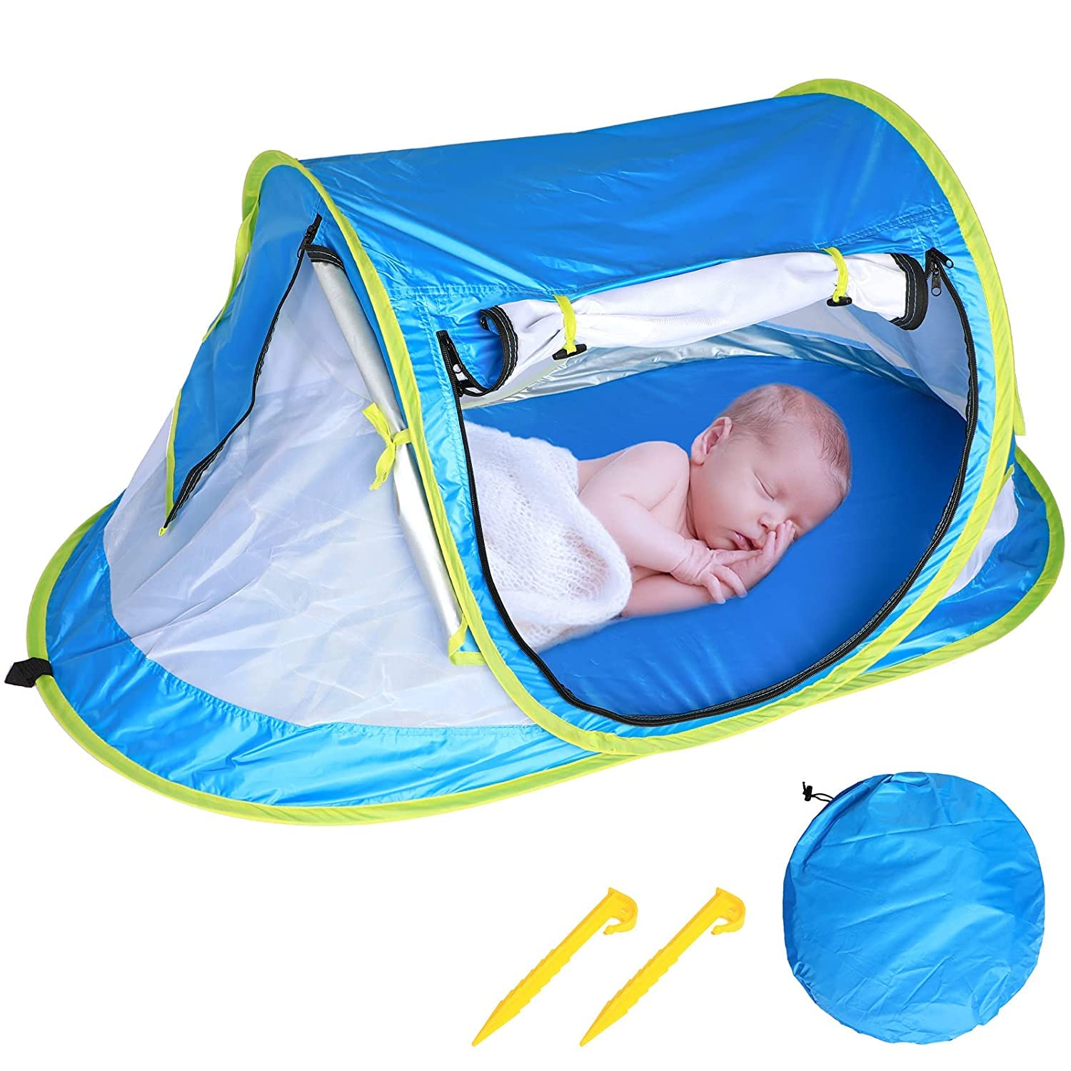 EAHTHNI Portable Baby Travel Bed Durable Beach Tent Sun Shelters with Moisture-Proof Protection for Infant from Sunburn 49 Inch 2 Pegs and Bag, Blue