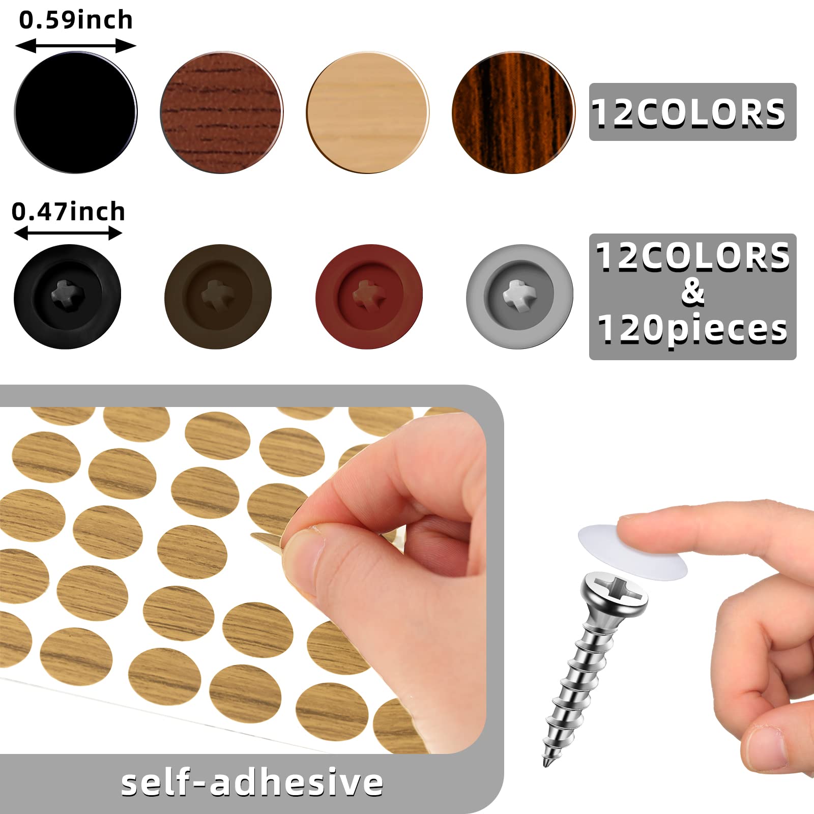 1152 Pcs Self Adhesive Screw Covers Screw Hole Stickers and 120 Pcs Screw Caps Screw Covers Waterproof Self Tapping Plastic Screw Cap Covers for Wood Screws Wall Cabinets Desk Screws