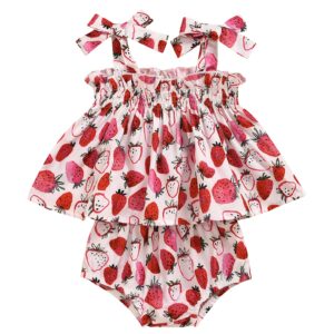 grnshts baby girl summer shorts set strawberry print sling ruffle shirt diaper shorts 2pcs outfits (strawberry, 0-6m)