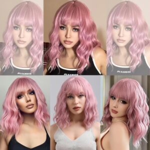 Ariqutba 14 Inch Pink Wigs for Women Pastel Synthetic Wavy Wig with Bangs Glueless Loose Curly Wig Shoulder Length Cosplay Bob Wig for Girls Daily Party Use Colorful Wigs