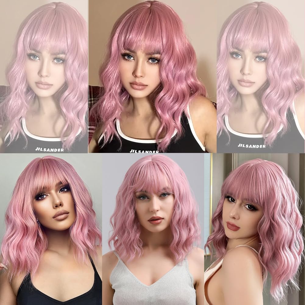 Ariqutba 14 Inch Pink Wigs for Women Pastel Synthetic Wavy Wig with Bangs Glueless Loose Curly Wig Shoulder Length Cosplay Bob Wig for Girls Daily Party Use Colorful Wigs