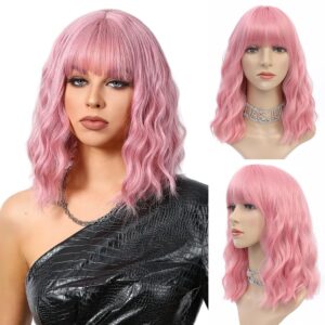 ariqutba 14 inch pink wigs for women pastel synthetic wavy wig with bangs glueless loose curly wig shoulder length cosplay bob wig for girls daily party use colorful wigs