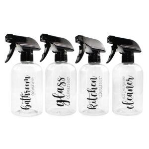 cornucopia plastic cleaning spray bottles with labels (set of 4); 16oz refillable trigger sprayers w/ 3 settings and farmhouse script labels