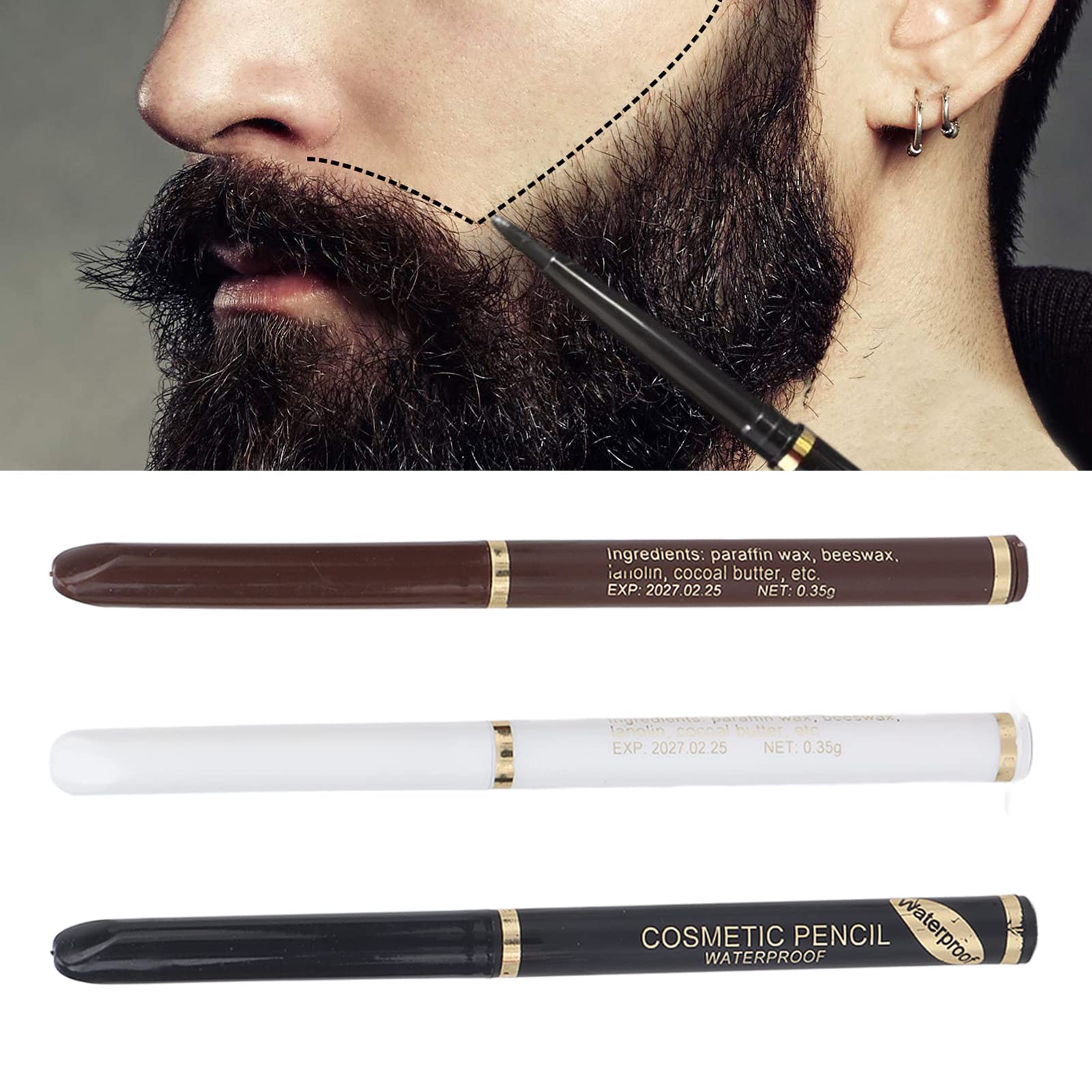 Beard Filler Pen, 3 Pieces Beard Contour Pencils, Enhance and Color Facial Hair (White, Black, Brown)