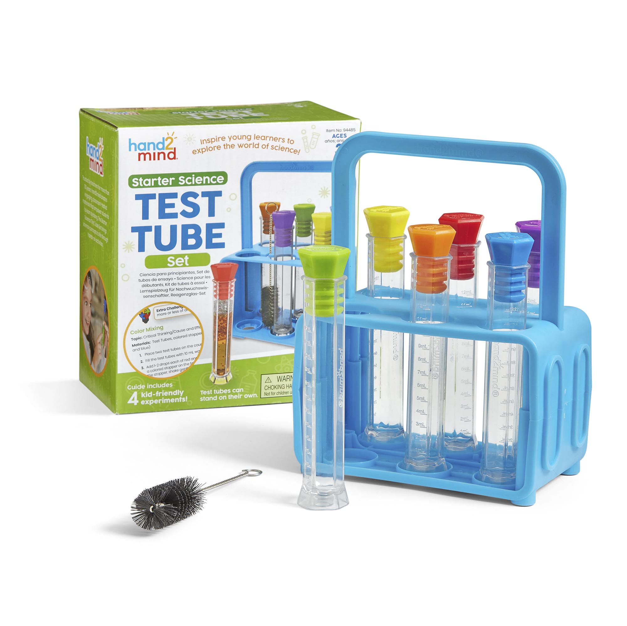 hand2mind Starter Science Test Tube Set, Flat Bottom Test Tubes, Science Lab for Kids, Test Tube Rack, Science Supplies,Test Tubes with Lids, Science Experiments, Science Kits for Kids (Six Tubes)