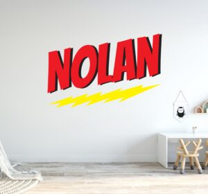 custom name superhero wall decal - superhero name with lightning bolt sticker - personalized superhero name wall sticker - superheroes nursery wall decor - wall decal for nursery bedroom decoration (mini wide 15"x9")