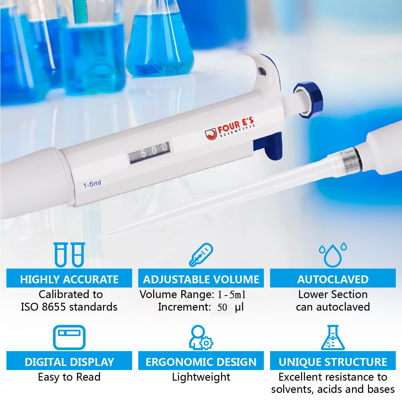 FOUR E'S SCIENTIFIC 1-5ml Single-Channel Micropipette with 5ml Pipette Tips 1 Rack 24 Tips