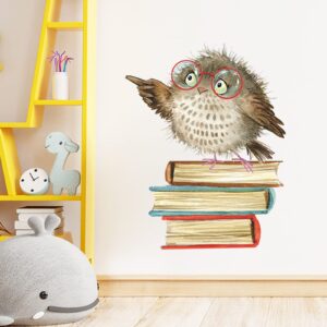 funny animal wall decals diy window stickers peel & stick wall art for kids room toddler classroom nursery baby bedroom wardrobe library decor (owl)