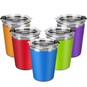 kids stainless steel cups, 12oz kids metal drinking glasses with lids and sleeves, unbreakable spill proof cups for kids and adults, stacking sippy cups for hot chocolate & cold drinks 5pack