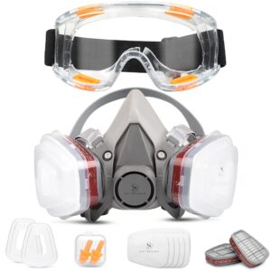 reusable painter mask - half facepiece to block dust, organic vapors, pollen, paint fumes, and other hazmat air particles - for painting, sanding and other diy - anti fog goggles included