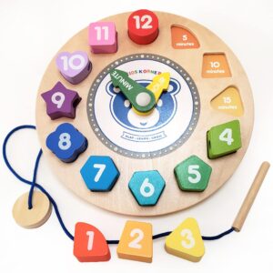 lace & learn wood clock for kids - shapes, colors, lacing & telling time toddler clock - glow in the dark fine motor skills and wooden toys with activity ebook