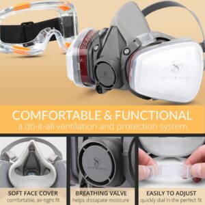 Reusable Painter Mask - Half Facepiece to Block Dust, Organic Vapors, Pollen, Paint Fumes, and Other Hazmat Air Particles - For Painting, Sanding and Other DIY - Anti Fog Goggles Included