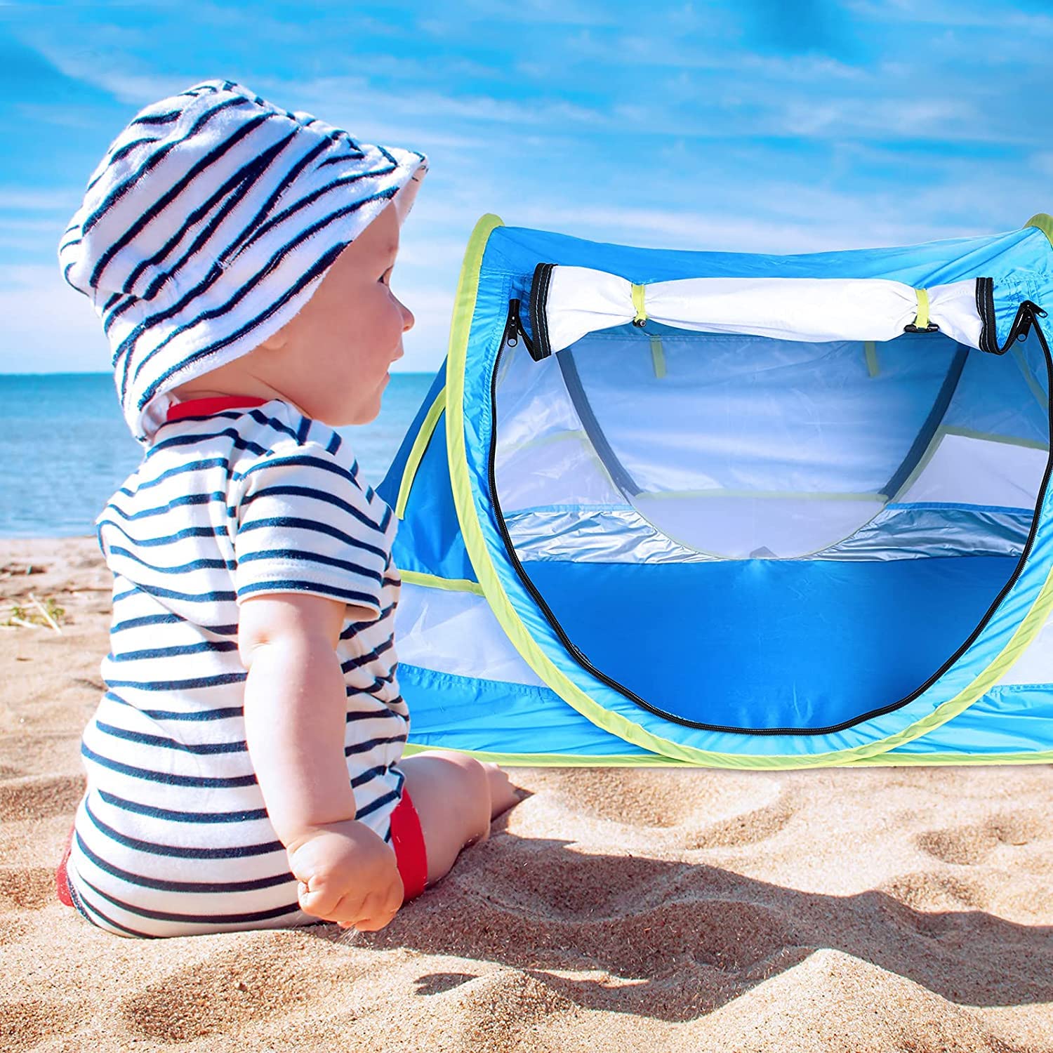 EAHTHNI Portable Baby Travel Bed Durable Beach Tent Sun Shelters with Moisture-Proof Protection for Infant from Sunburn 49 Inch 2 Pegs and Bag, Blue