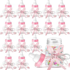 nuenen 48 pcs baby shower bottles baby shower mini milk bottle baby bottles mini baby bottles for baby shower plastic bear candy bottles with ribbon for baby shower favor gift(pink)