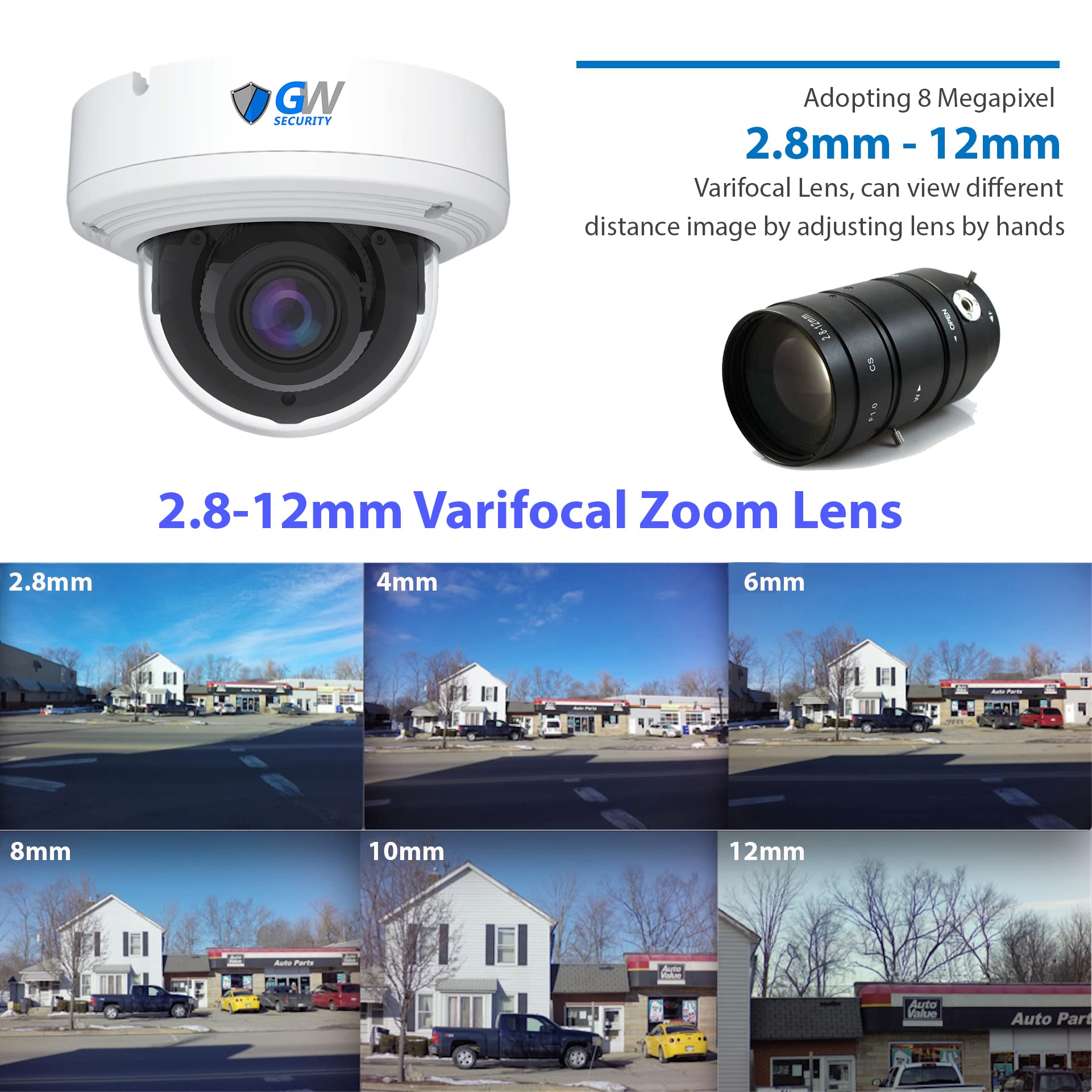 GW Security 8 Channel NVR 4K 8MP PoE 2.8-12mm Varifocal Zoom Security Camera System with 4 x 4K 8MP IP Microphone Waterproof Smart AI Dome Camera, Face Recognition/Human/Vehicle Detection