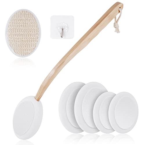 URAQT Lotion Applicator for Back, 7 Piece Set Back Cream Applicator, 2 in 1 Body Brush Back Scrubber for Self Application, Long Wooden Handle Back Applicator with 4 Pads, Bath Brush and Hook