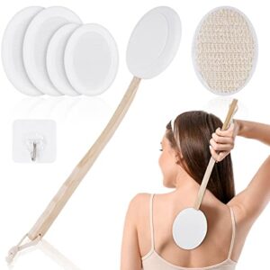 uraqt lotion applicator for back, 7 piece set back cream applicator, 2 in 1 body brush back scrubber for self application, long wooden handle back applicator with 4 pads, bath brush and hook