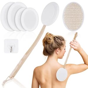 URAQT Lotion Applicator for Back, 7 Piece Set Back Cream Applicator, 2 in 1 Body Brush Back Scrubber for Self Application, Long Wooden Handle Back Applicator with 4 Pads, Bath Brush and Hook