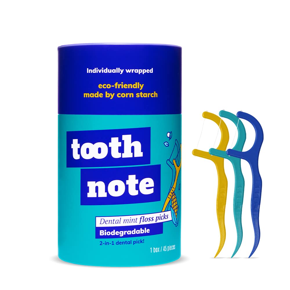 Toothnote Portable Dental Floss Picks, Tooth Picks, Eco-Friendly High Toughness Biodegradable Floss Sticks - Individual Package for Daily, Travel, Camping, School - Mint Flavor 1Box (45pcs)