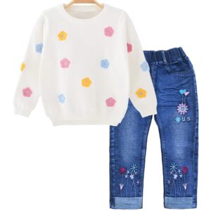 peacolate 3-7years little baby girls pants set 2pcs cotton sweater and embroidered bootcut jeans(white flower,6years)