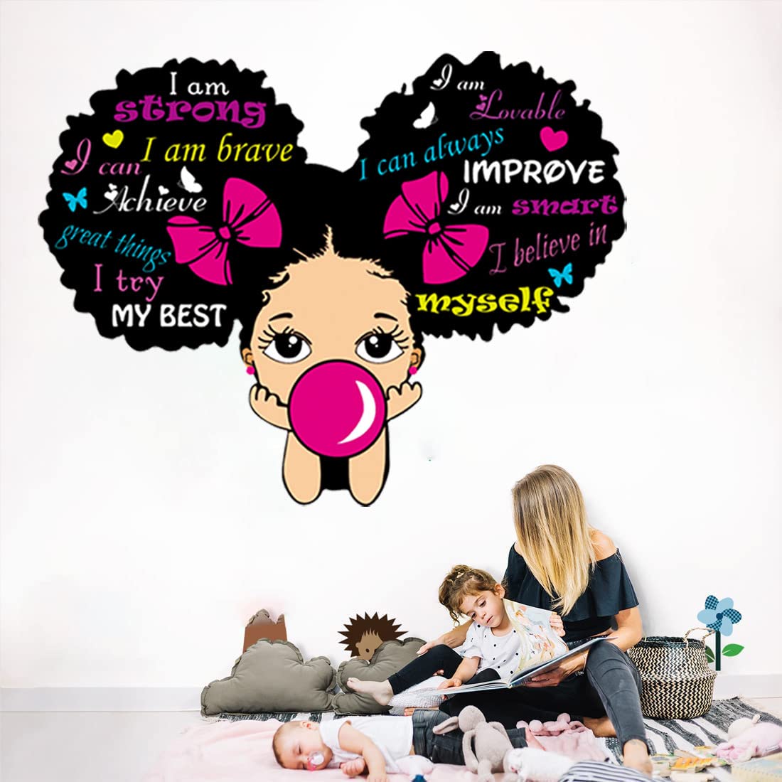 Black Girl Wall Stickers for Girls Bedroom Inspirational Wall Decals Quotes African American Sticker Pink Motivational Saying Wall Decor Sticker for Kid Baby Toddler Room Nursery Playroom Living Room.