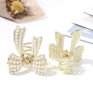 Brinie Pearl Hair Claw Clamps Gold Metal Hair Claw Clips Bowknot Hair Styling Clips Non Slip Jaw Hair Clamps Hair Accessories for Women and Girls (Pack of 2)