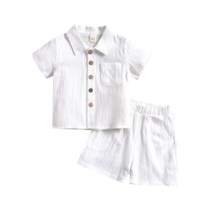 shibaozi toddler baby boys clothes set button-down shirt tops + cotton linen shorts summer outfit 2pcs with pockets (white, 2-3t)