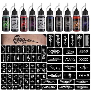 stigma temporary tattoo kit 10 bottles color inks, 84 pcs stencils kit for body paint diy tattoos temp, (black, cyan, red, green, blue, purple, brown, orange,yellow,grey)