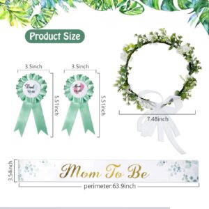 4PCS/Set Mom to Be Sash&Parents to Be Badges, Neutral Sage Green Flowers Crown Headband, Gold Glitter Letters Sash for Baby Shower Maternity Gift(Leaf Style)