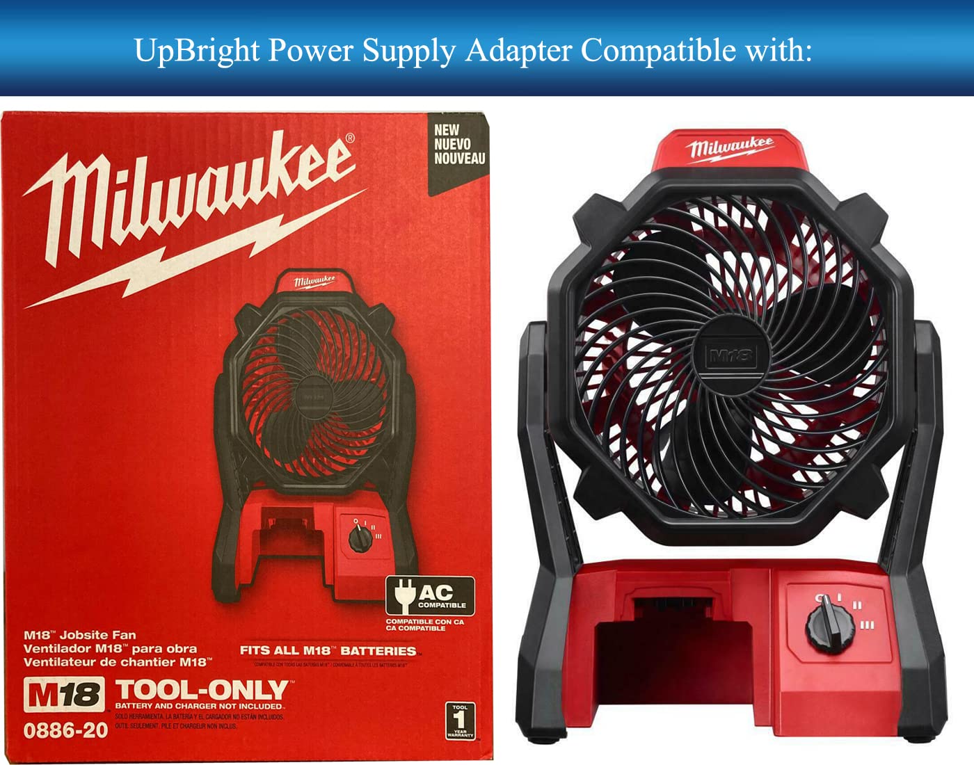 UpBright 18V AC/DC Adapter Compatible with Milwaukee 0886-20 M18 2,350-Rpm Adjustable 18-Volt Lithium-Ion Cordless Jobsite Fan 23-81-0701 E045-1H180250HU HK-X145-A18 Power Supply Battery Charger