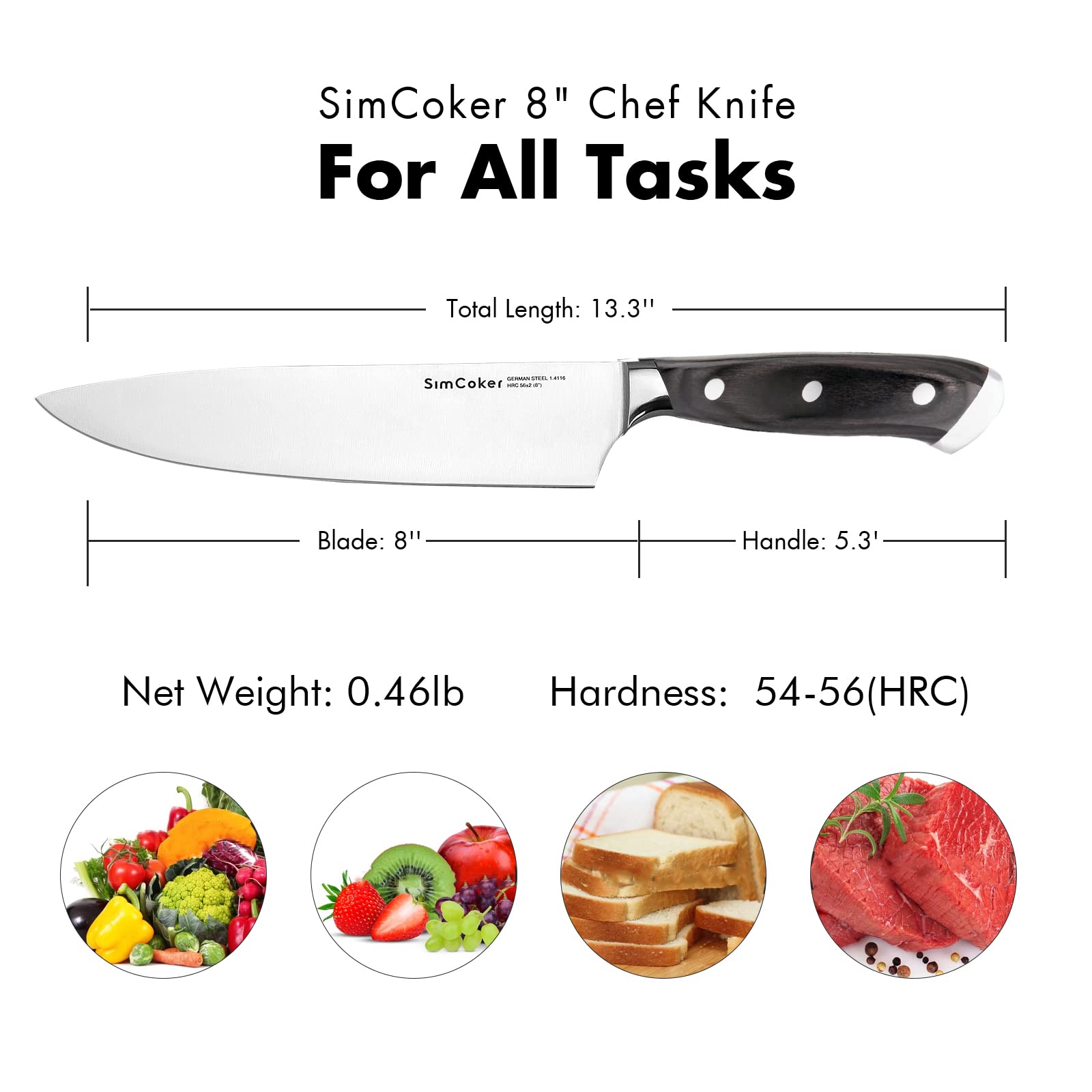 SimCoker Chef Knife,8 Inch Knife,Sharp Kitchen Knife,German High Carbon Stainless Steel EN1.4116, Ergonomic Pakkawood Handle and Gift Box