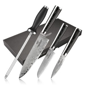 chefs knife set with gift box, 4 pieces damascus kitchen knife set, vg10 steel professional knife sets for chefs, knife set with non-slip micarta handle, knife sharpener and chefs knife