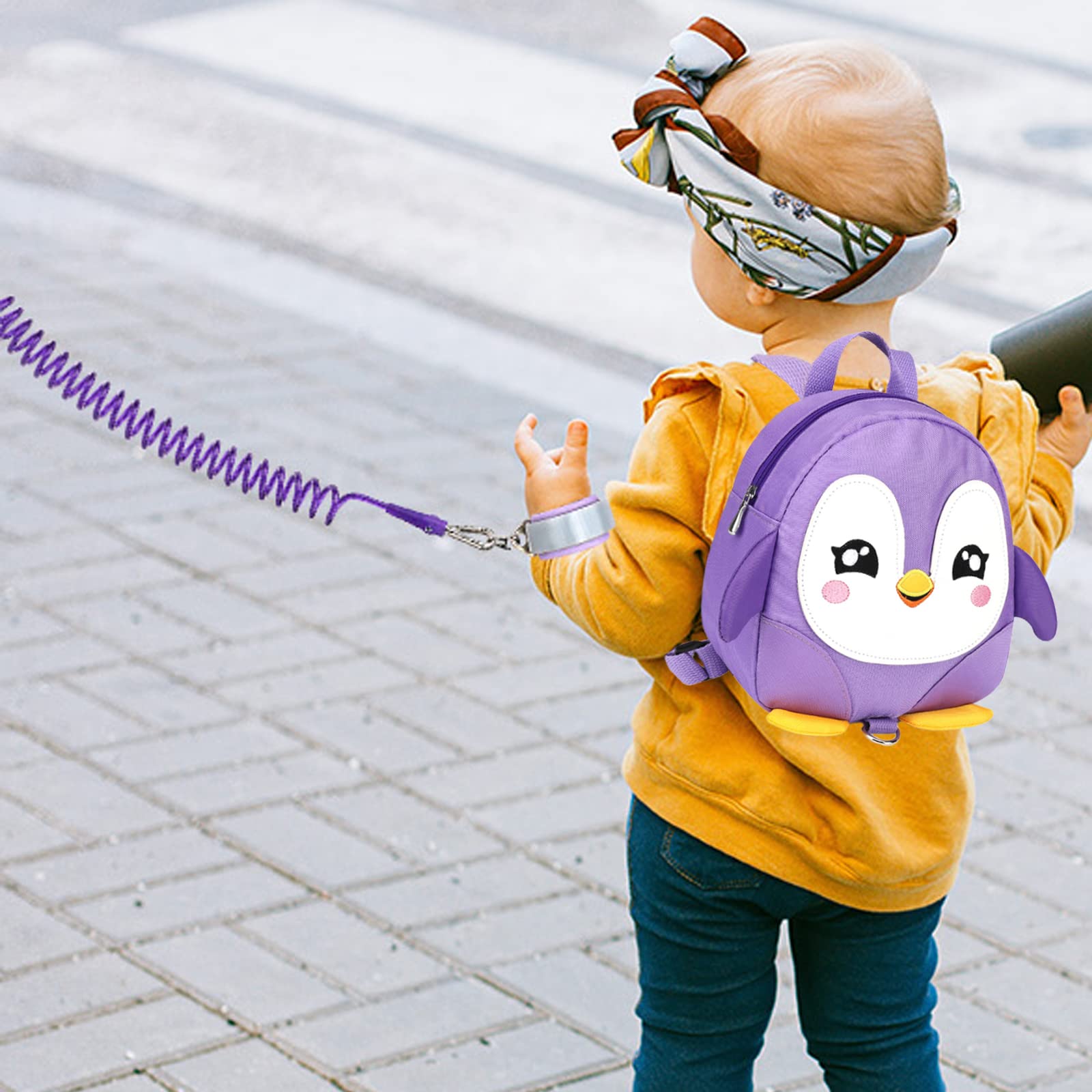 Accmor Toddler Harness Backpack Leash, Cute Penguin Kid Backpacks with Anti Lost Wrist Link, Mini Child Backpack Harness Leashes Walking Wristband Rope Travel Bag Harness Rein for Baby Girls (Purple)