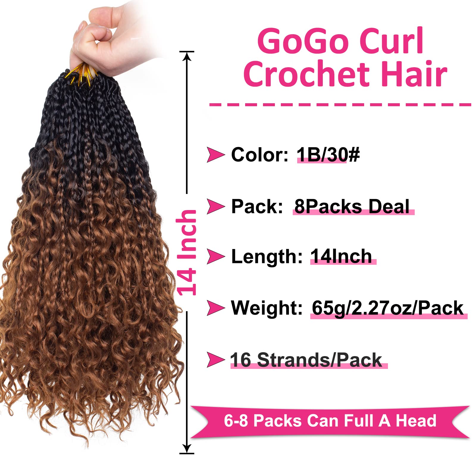 Unionbeauty 14 Inch Boho Box Braids Crochet Hair 8 Packs Goddess Box Braids Crochet Hair Curly Ends Pre-looped Bohemian Hippie Braids Ombre Synthetic Braiding Hair Extension for Black Woman 1B/30#