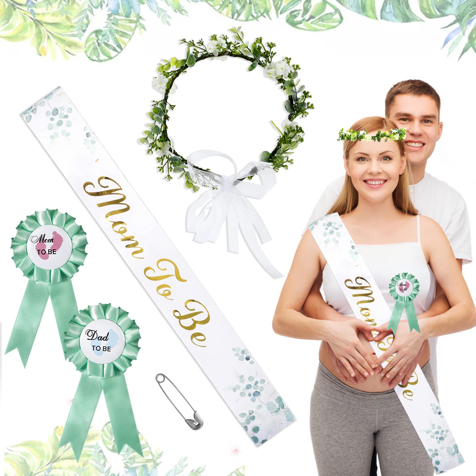 4PCS/Set Mom to Be Sash&Parents to Be Badges, Neutral Sage Green Flowers Crown Headband, Gold Glitter Letters Sash for Baby Shower Maternity Gift(Leaf Style)