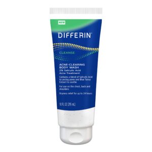 differin acne body wash by the makers of differin gel, acne treatment cleanser with salicylic acid, cream to lather formula for back, chest, shoulders, 10 oz.