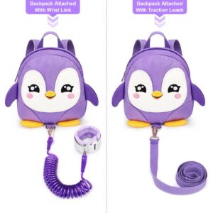 Accmor Toddler Harness Backpack Leash, Cute Penguin Kid Backpacks with Anti Lost Wrist Link, Mini Child Backpack Harness Leashes Walking Wristband Rope Travel Bag Harness Rein for Baby Girls (Purple)