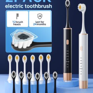 Aneebart Sonic Electric Toothbrush 2 Pack，Electric Toothbrush for Adults，Travel Electric Toothbrush Includes 12 Brush Heads，IPx8 Waterproof （Black & White ）