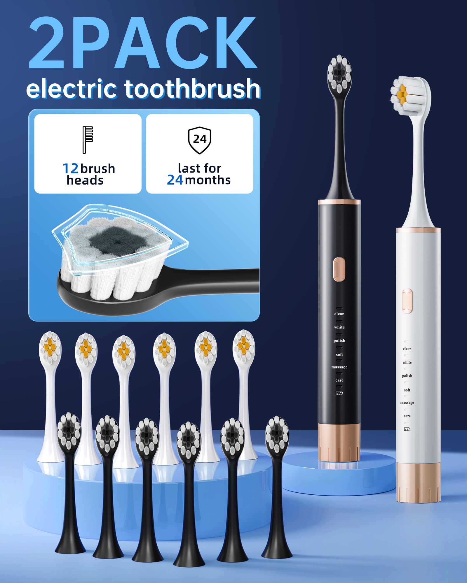 Aneebart Sonic Electric Toothbrush 2 Pack，Electric Toothbrush for Adults，Travel Electric Toothbrush Includes 12 Brush Heads，IPx8 Waterproof （Black & White ）