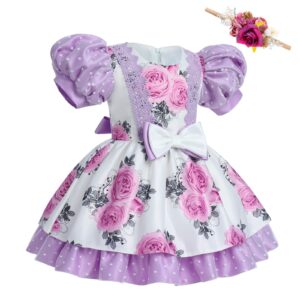 girls flower puff sleeve dress 2pcs pageant princess summer dresses with floral headband front bowknot wedding birthday dress up clothes baby girl christening baptism outfits purple 6-12 months