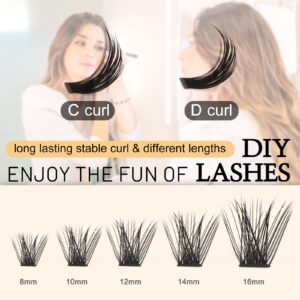 QUEWEL Cluster Lashes 72 Pcs Wide Stem Individual Lashes C/D Curl 8-16mm Length DIY Eyelash Extension False Eyelashes Natural&Mega Styles Soft for Personal Makeup Use at Home (Mega-D-MIX8-16)