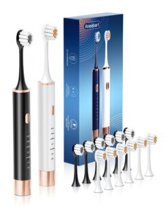 aneebart sonic electric toothbrush 2 pack，electric toothbrush for adults，travel electric toothbrush includes 12 brush heads，ipx8 waterproof （black & white ）