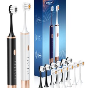 Aneebart Sonic Electric Toothbrush 2 Pack，Electric Toothbrush for Adults，Travel Electric Toothbrush Includes 12 Brush Heads，IPx8 Waterproof （Black & White ）