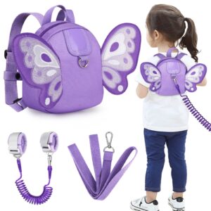 accmor toddler harness backpack leash, cute butterfly kid backpacks with anti lost wrist link, mini child backpack harness leashes walking wristband travel bag harness rein for baby girls (purple)