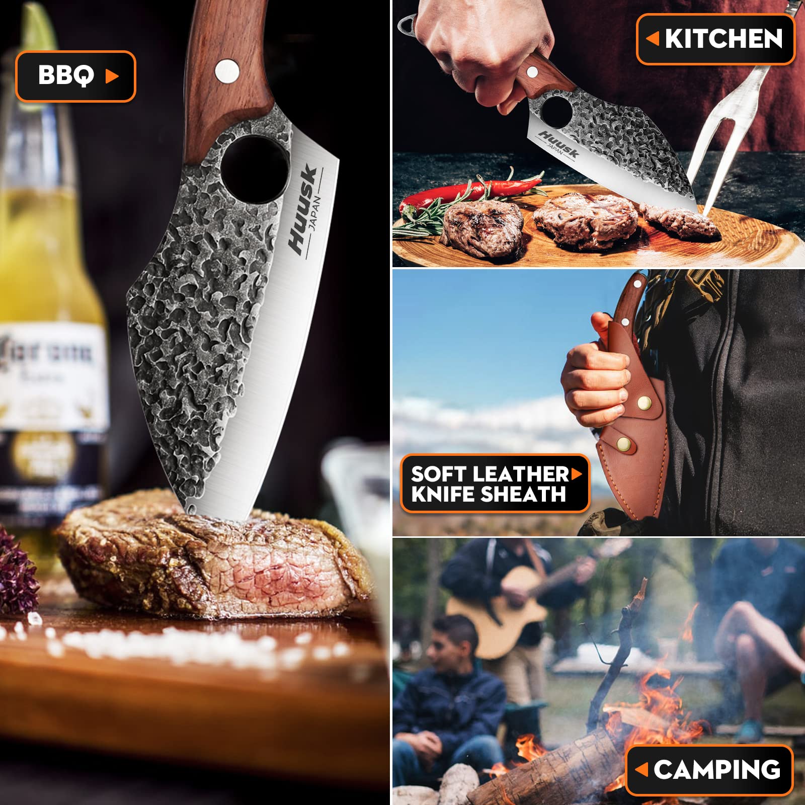 Huusk Chef Knives, Meat Cleaver Outdoor Cooking Knife with Sheath Camping Knives BBQ Knife set