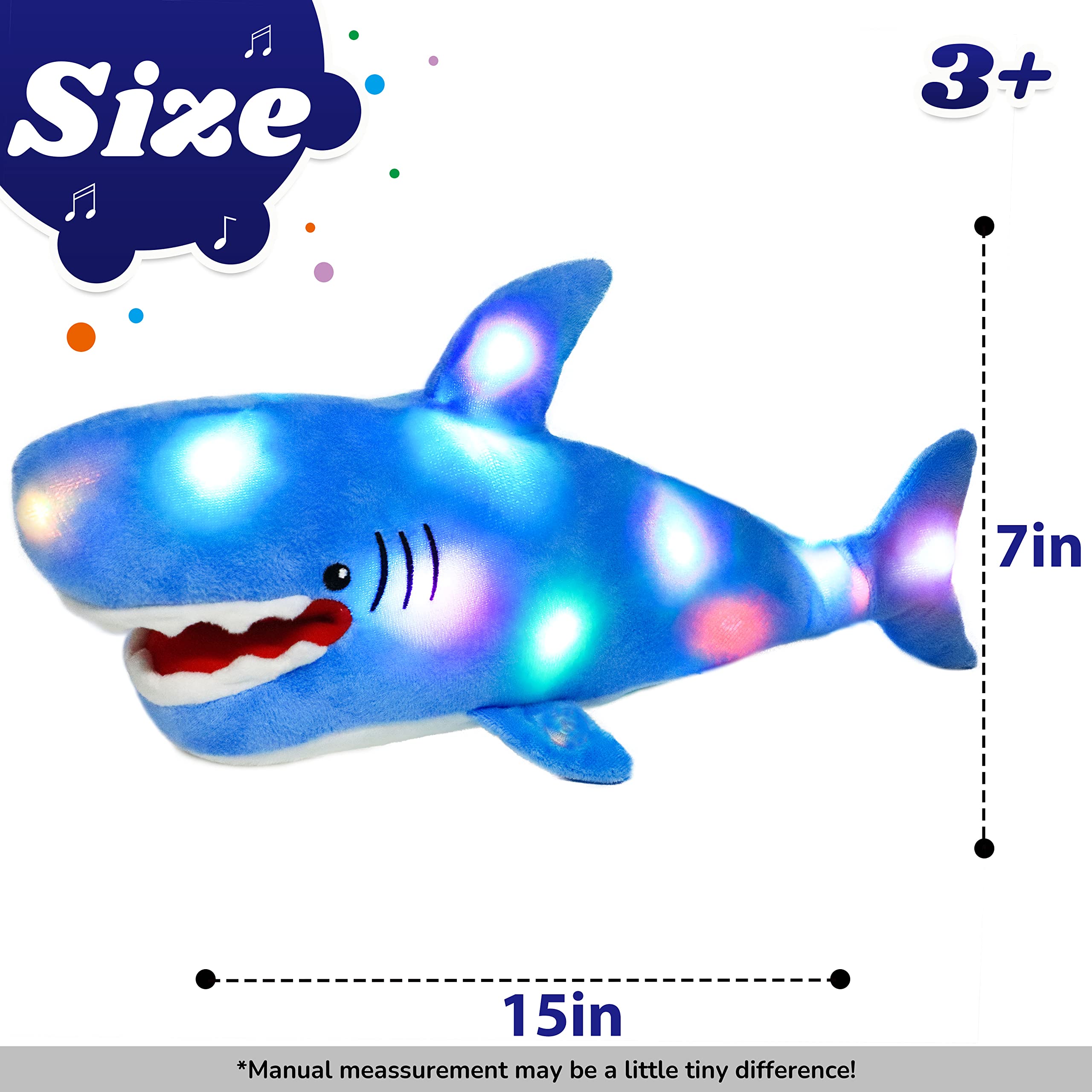 Cuteoy Shark LED Musical Stuffed Animal Light-up Singing Plush Adjustable Volume Lullaby Plushies Birthday Christmas Toy Gifts for Kids Toddler Girls, 13"