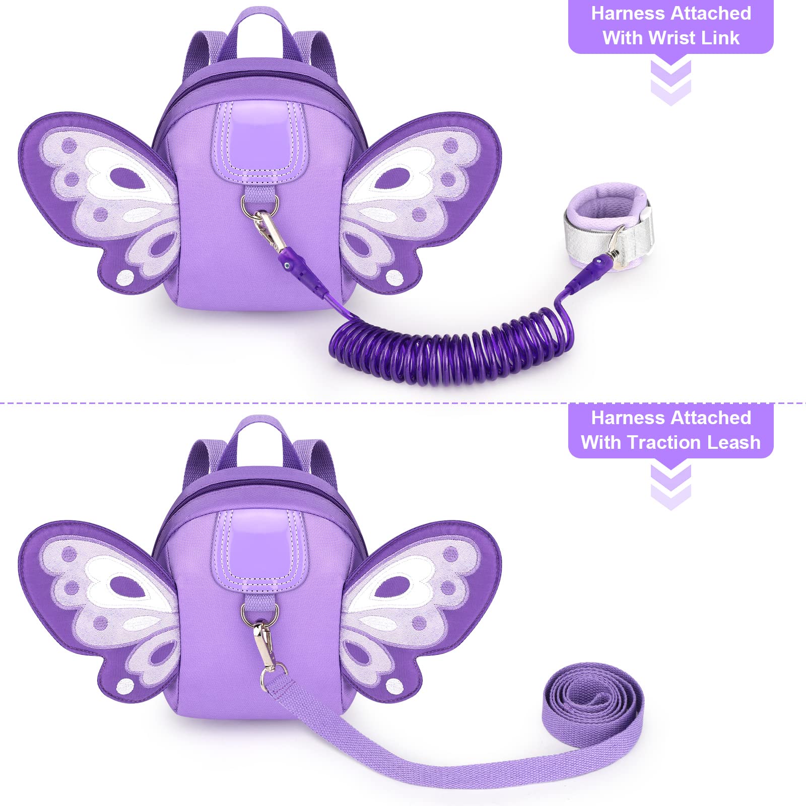 Accmor Toddler Harness Backpack Leash, Cute Butterfly Kid Backpacks with Anti Lost Wrist Link, Mini Child Backpack Harness Leashes Walking Wristband Travel Bag Harness Rein for Baby Girls (Purple)