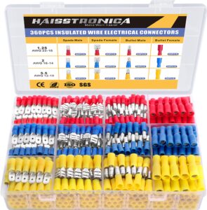 haisstronica 360pcs electrical insulated bullet&spade termianls kit,awg 22-10 wire crimp terminals of tinned red copper,quick disconnect wire connectors kit(3colors/12size)