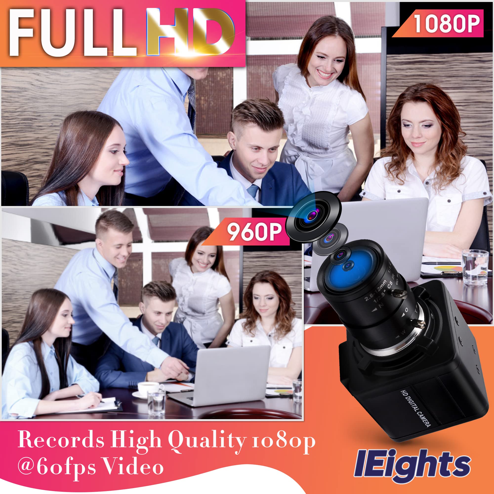 IEights 260fps Variable Focus Camera 2.8-12mm 4X Optical Zoom Webcam, 1080P Varifocal Web Cam Manual Zoom Lens Webcamera,Raspberry Pi Windows Mac Vari-Focus USB Web Camera,Close-up Monitoring Cameras