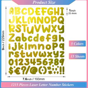 1215 Pieces 15 Sheets Holographic Laser Letter Stickers Self Adhesive Vinyl Letters, Alphabet Number Stickers, Decals for Mailbox,Sign,Business,Home,Office,School (1 Inch)